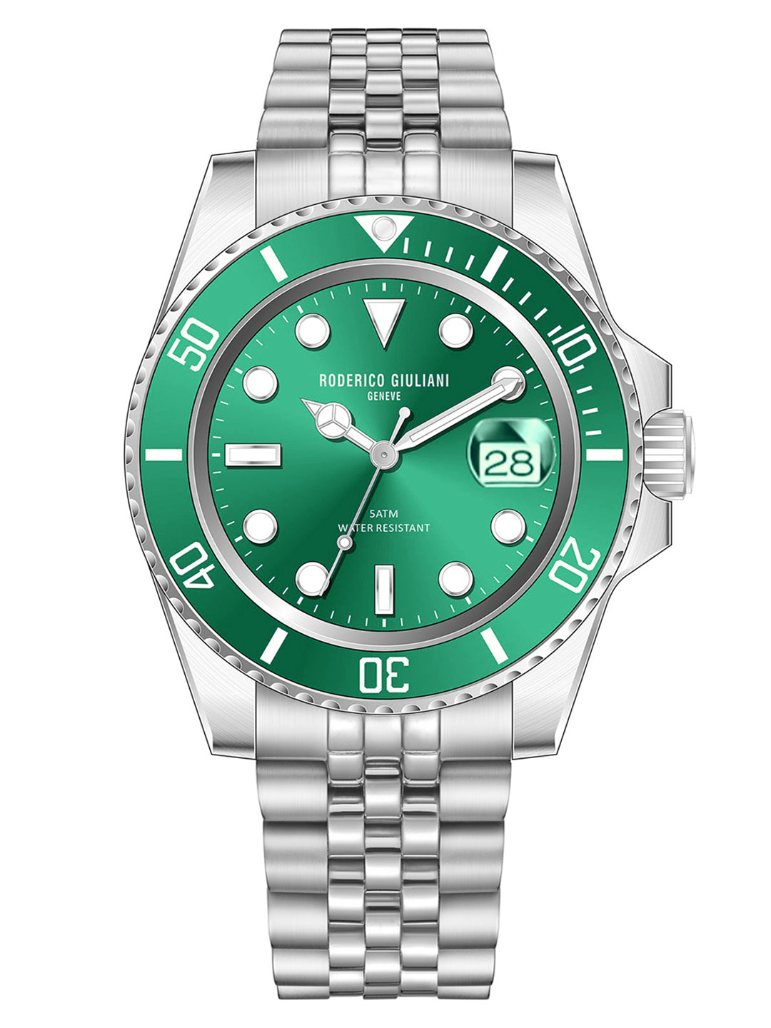 RODERICO GIULIANI ANALOG GREEN DIAL SILVER CASE GREEN BEZEL STEEL BRAC