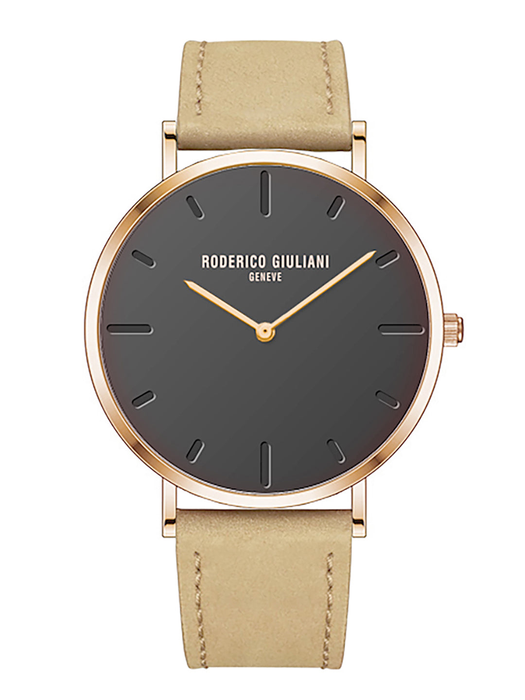 RODERICO GIULIANI ANALOG BLACK DIAL ROSE GOLD CASE CAMEL SUEDE LEATHER