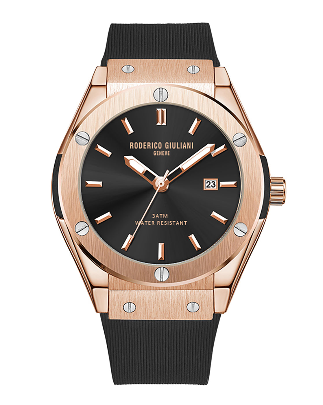 RODERICO GIULIANI ANALOG BLACK DIAL ROSE GOLD CASE BLACK SILICONE STRA